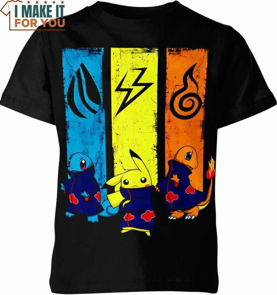 Akatsuki Naruto x Pikachu Charmander Squirtle Pokemon Shirt
